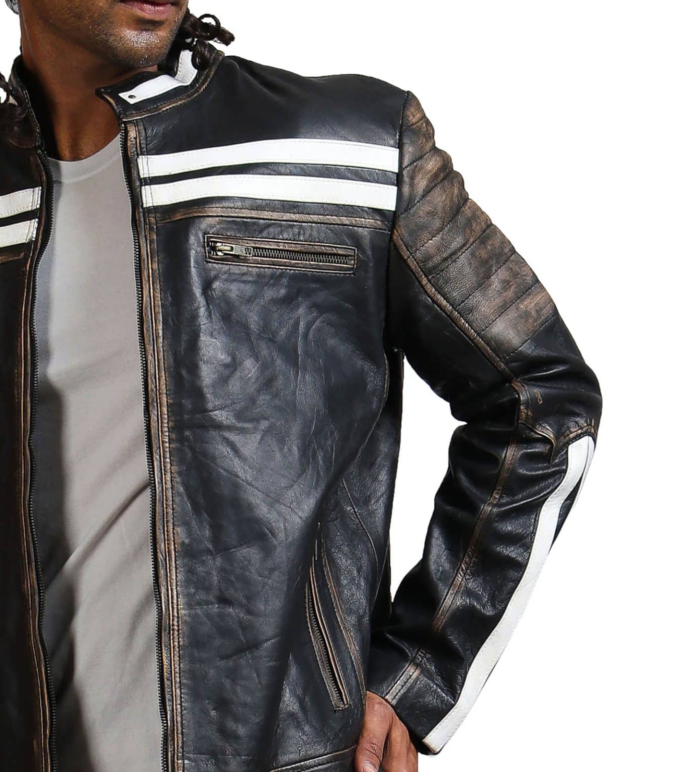 Bristol Distressed Black And White Striped Leather Jacket - Jacketmadness