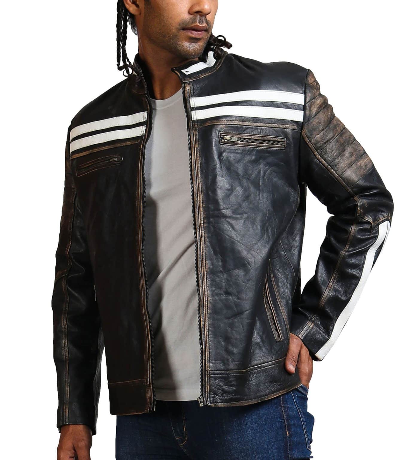 Bristol Distressed Black And White Striped Leather Jacket - Jacketmadness