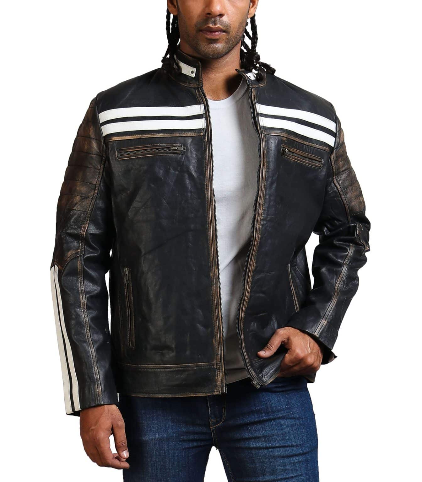 Bristol Distressed Black And White Striped Leather Jacket - Jacketmadness