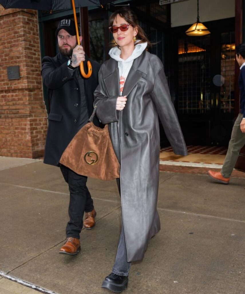 Dakota Johnson Black Leather Trench Coat - Jacketmadness