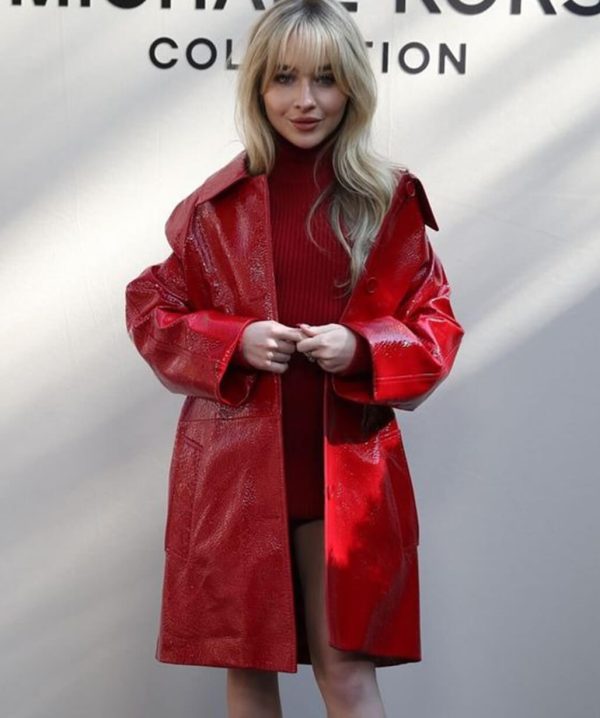 Sabrina Carpenter Outfit Red Leather Coat